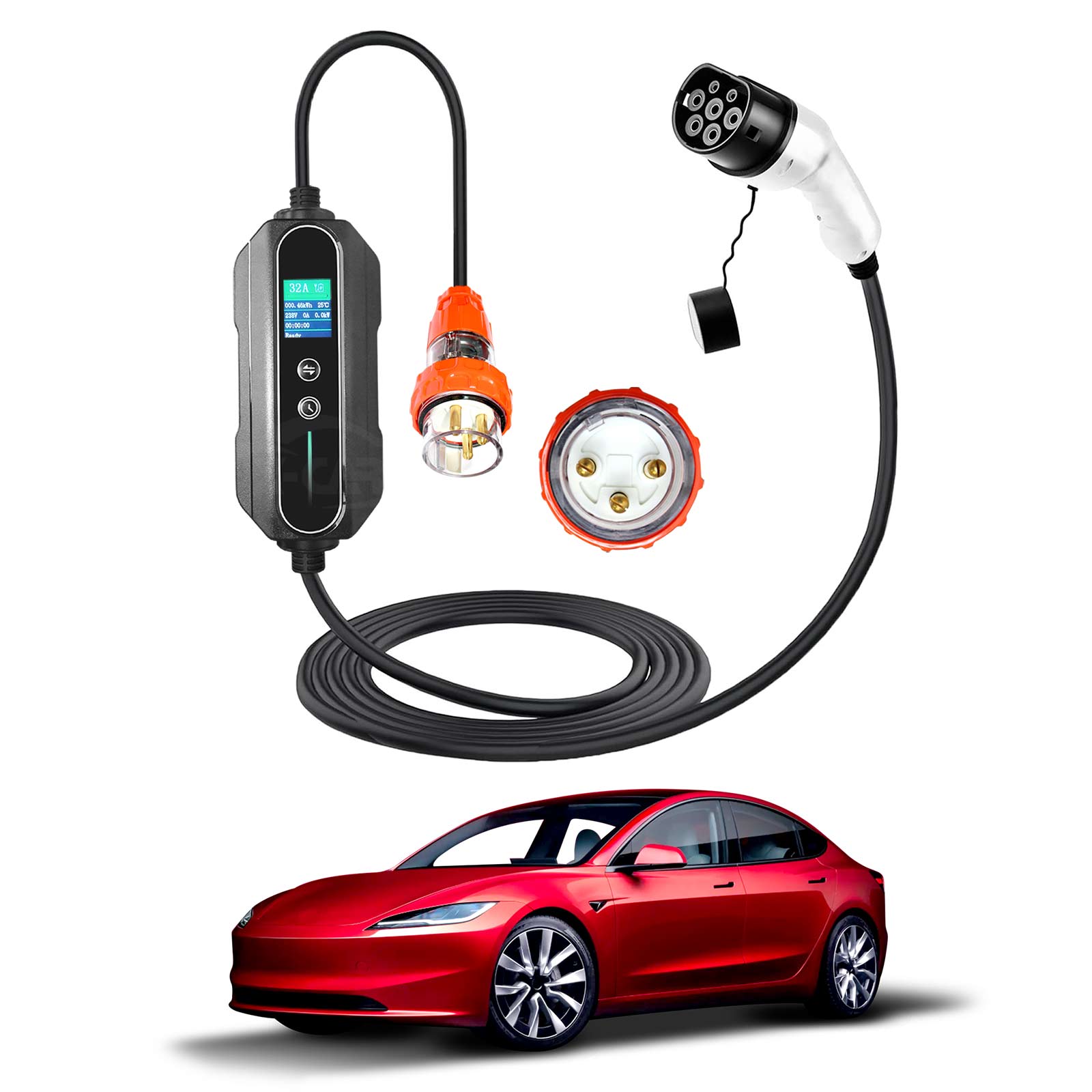 Type 2 Portable EV Charger 32 Amp 7KW 3 Pin 5 Meters for Tesla Model 3 ...